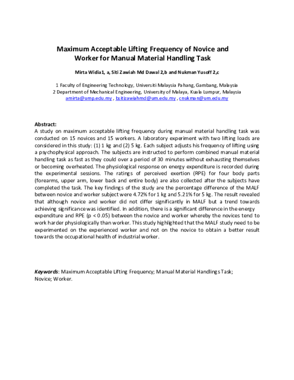 (PDF) Maximum acceptable lifting frequency of novice and worker for manual material handling ...