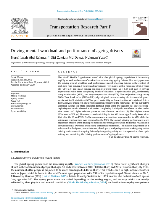 (PDF) Driving mental workload and performance of ageing drivers