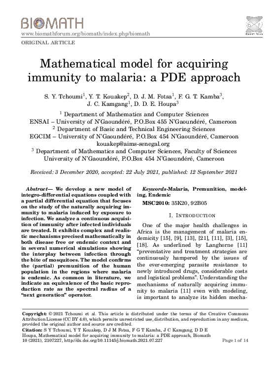 (PDF) Mathematical model for acquiring immunity to malaria: a PDE approach