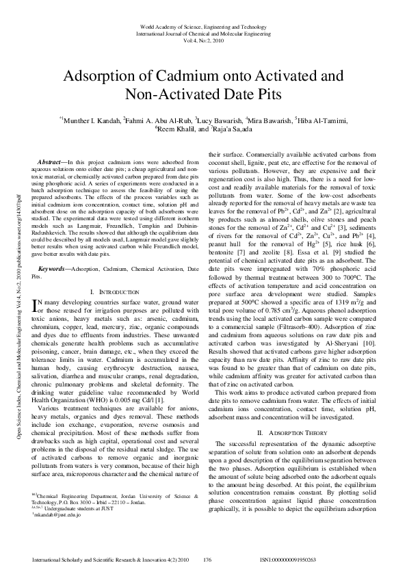 (PDF) Adsorption of Cadmium onto Activated and Non-Activated Date Pits