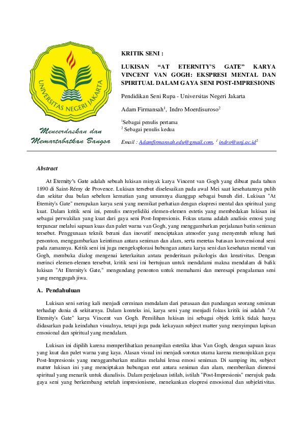 (PDF) KRITIK SENI : LUKISAN "AT ETERNITY'S GATE" KARYA VINCENT VAN GOGH ...