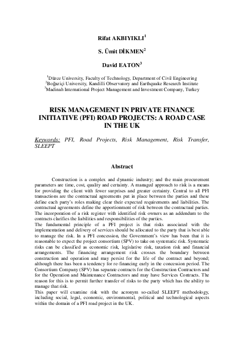 (PDF) Risk Management in Private Finance Initiative (PFI) Road Projects ...