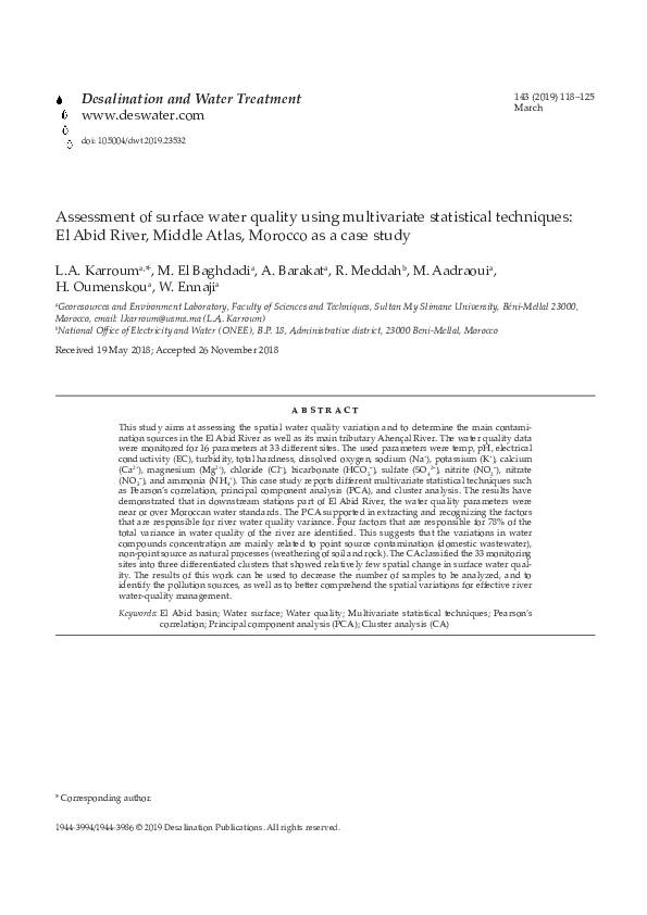 (PDF) Assessment of surface water quality using multivariate statistical techniques: El Abid ...