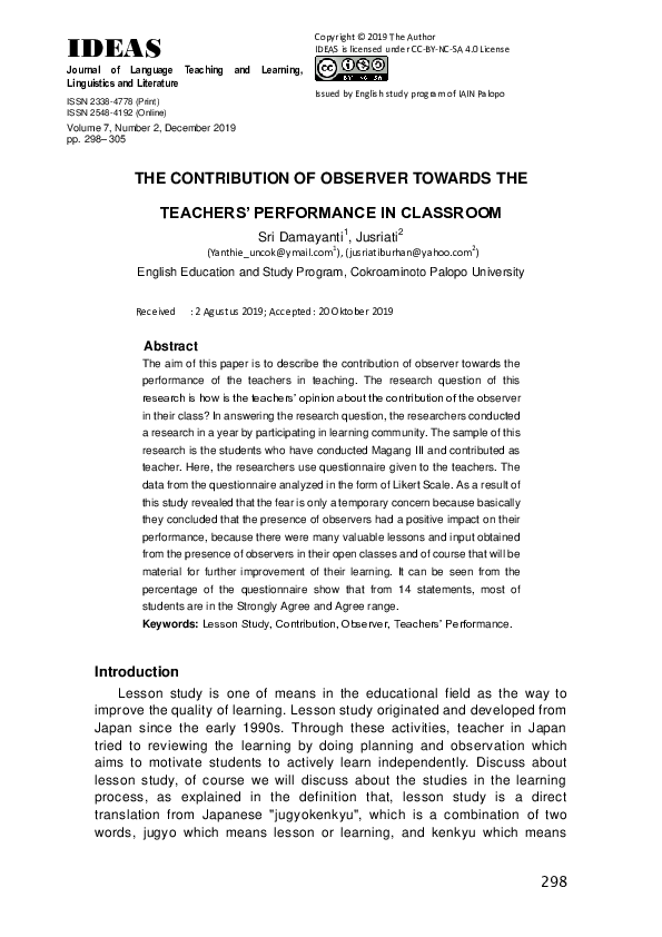 (PDF) The Contribution of Observer Towards the Teachers’ Performance in ...