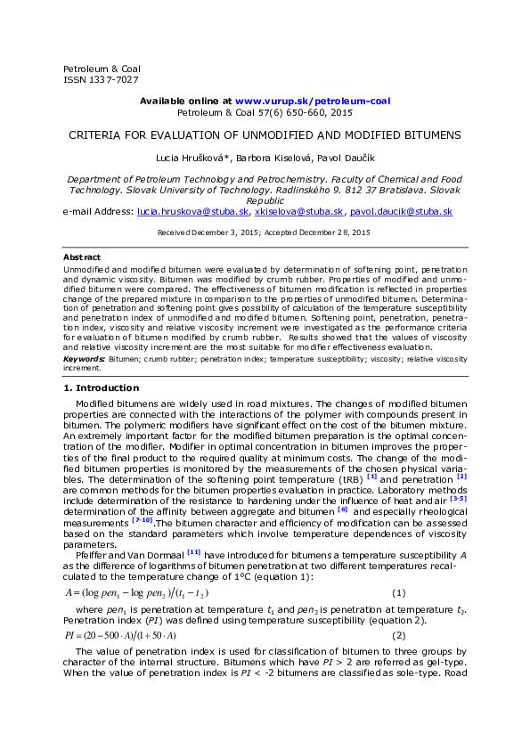 (PDF) Criteria for Evaluation of Unmodified and Modified Bitumens