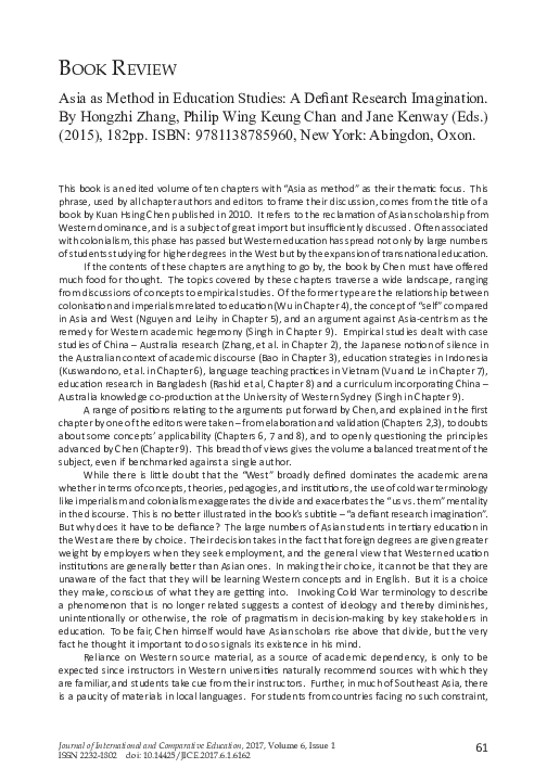 (PDF) Asia as Method in Education Studies: A Defiant Research Imagination
