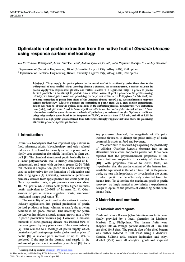 (PDF) Optimization of pectin extraction from the native fruit of Garcinia binucao using response ...