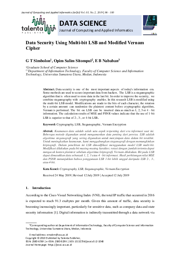 Pdf Data Security Using Multi Bit Lsb And Modified Vernam Cipher Goklas Tomu Simbolon