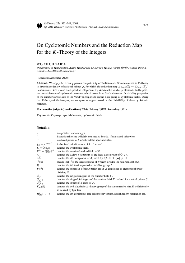 (PDF) On Cyclotomic Numbers and the Reduction Map for the K-Theory of ...