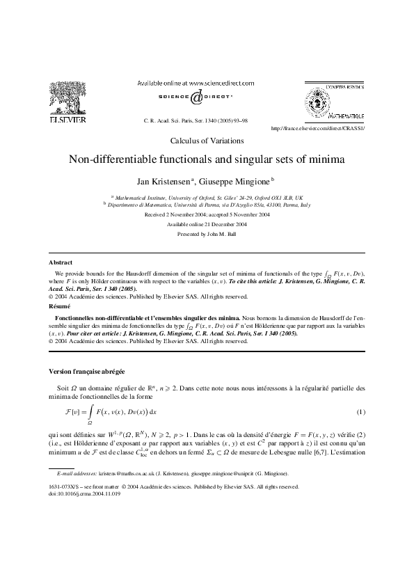 Pdf Non Differentiable Functionals And Singular Sets Of Minima Jan Kristensen
