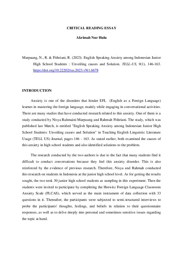 (PDF) CRITICAL READING ESSAY