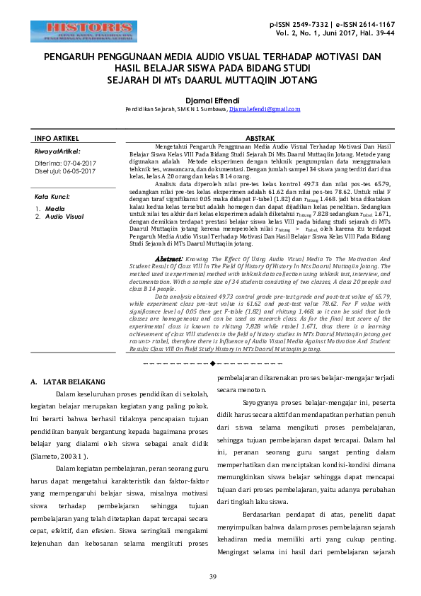 (PDF) PENGARUH PENGGUNAAN MEDIA AUDIO VISUAL TERHADAP MOTIVASI DAN HASIL BELAJAR SISWA PADA ...