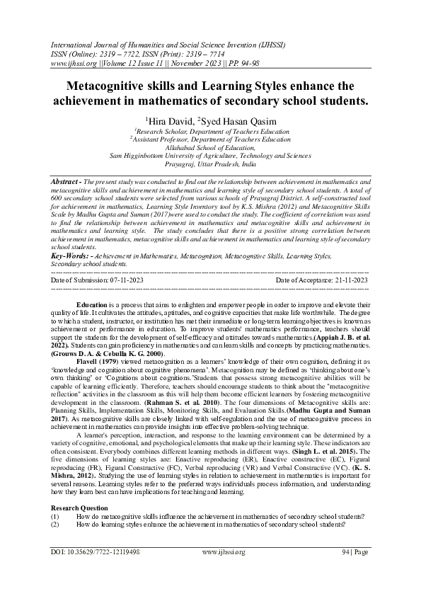 Pdf Metacognitive Skills And Learning Styles Enhance The Achievement