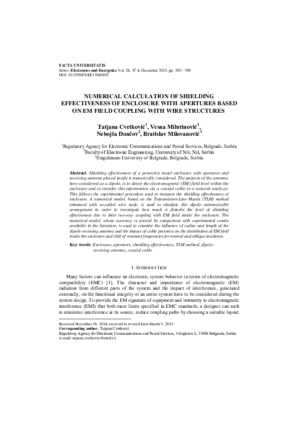Pdf Numerical Calculation Of Shielding Effectiveness Of Enclosure With Apertures Based On Em