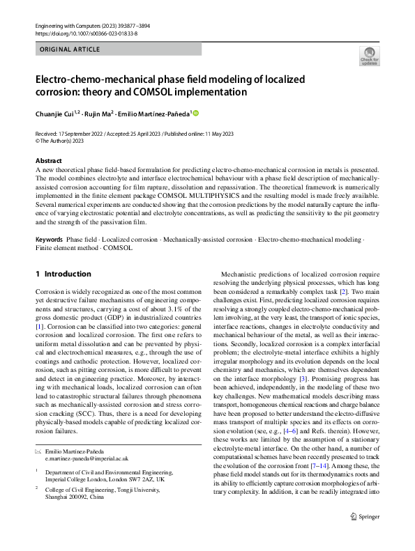 (PDF) Electro-chemo-mechanical phase field modeling of localized corrosion: theory and COMSOL ...