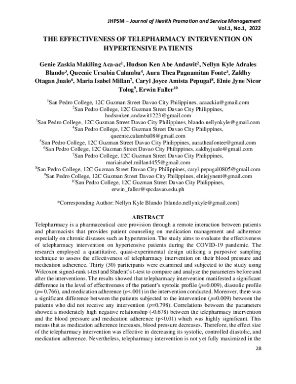 (PDF) The Effectiveness of Telepharmacy Intervention on Hypertensive ...