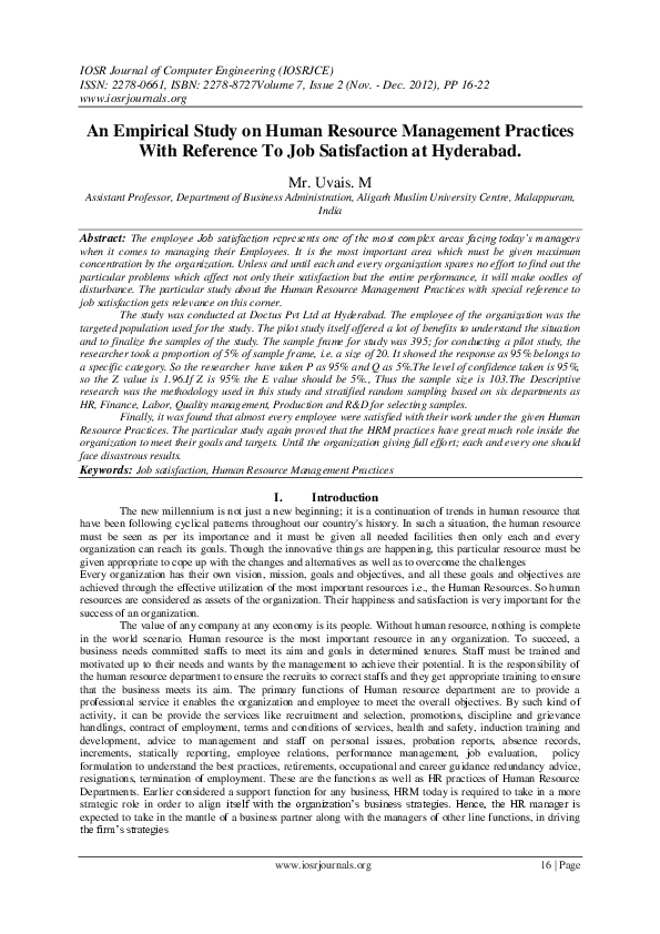 (PDF) An Empirical Study on Human Resource Management Practices With Reference To Job ...
