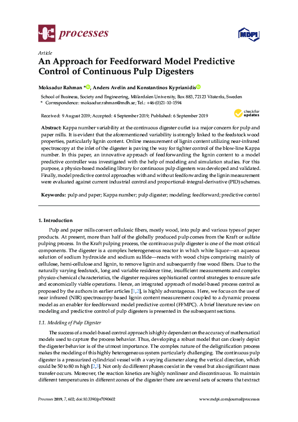 (PDF) An Approach for Feedforward Model Predictive Control of Continuous Pulp Digesters