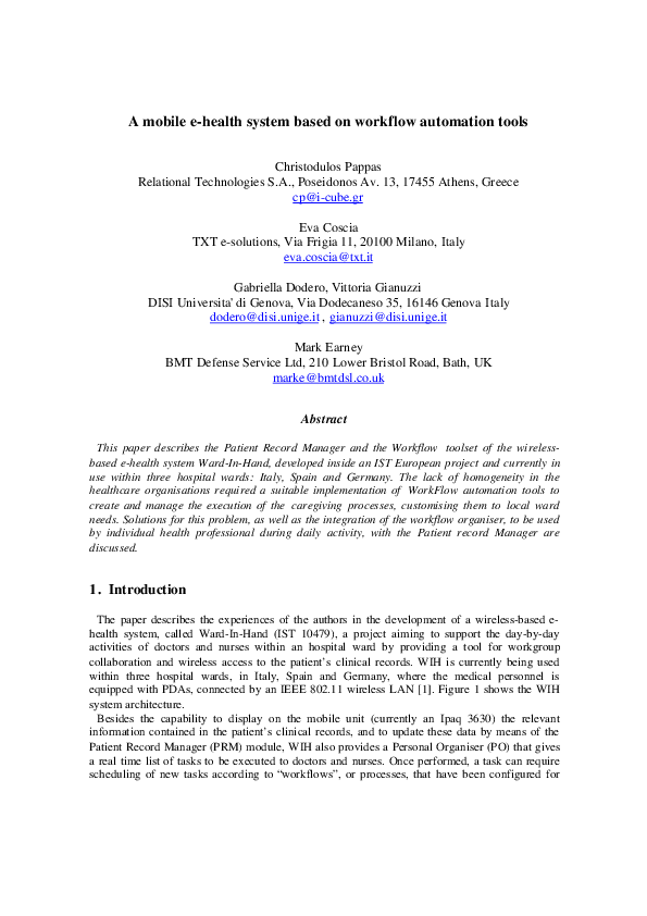 (PDF) Workflow Automation in Mobile E-Health Systems