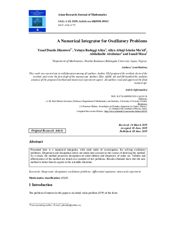 (PDF) A Numerical Integrator for Oscillatory Problems | Ismail Muhammed Musa - Academia.edu