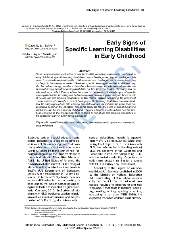 (PDF) Early signs of specific learning disabilities in early childhood