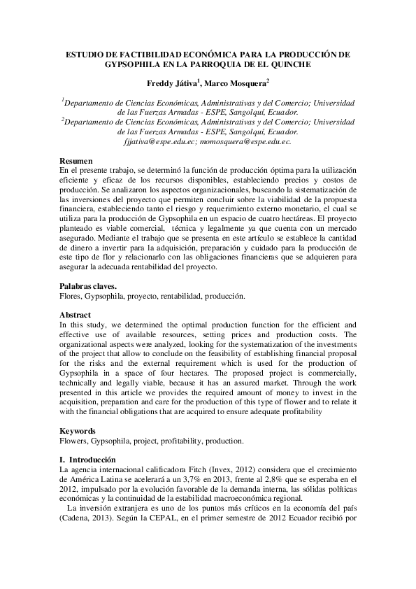 (PDF) Estudio De Factibilidad Económica Para La Producción De Gypsophila en La Parroquia De El ...