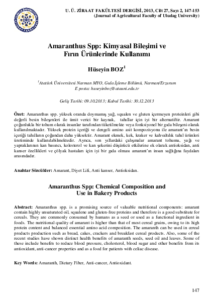 (PDF) Amaranthus Spp: Kimyasal Bileşimi ve Fırın Ürünlerinde Kullanımı