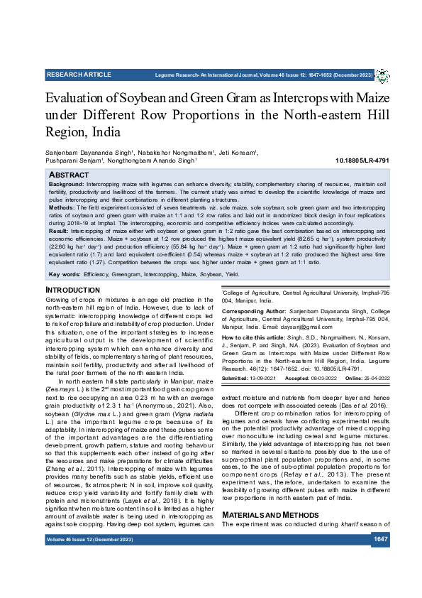 (PDF) Evaluation of Soybean and Green Gram as Intercrops with Maize under Different Row ...