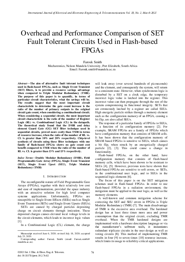 (PDF) Overhead and Performance Comparison of SET Fault Tolerant Circuits Used in Flash-based FPGAs