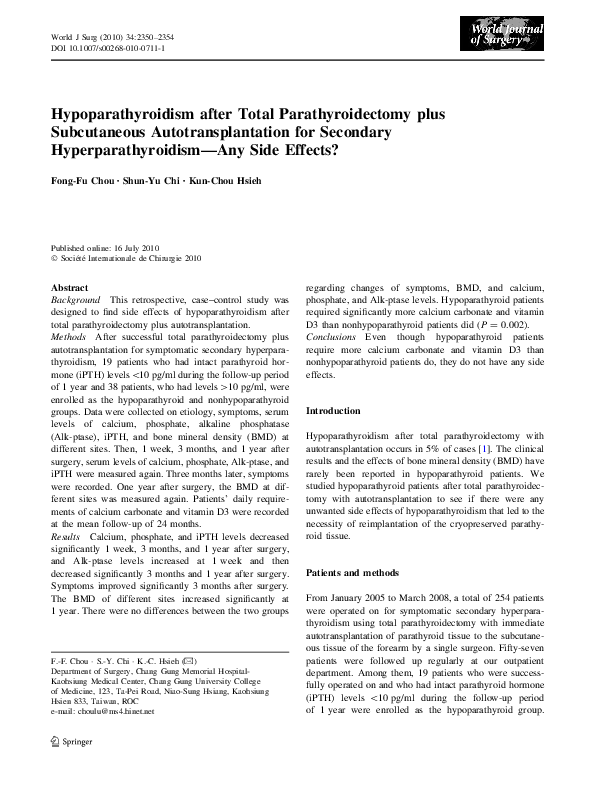 (PDF) Hypoparathyroidism after Total Parathyroidectomy plus ...