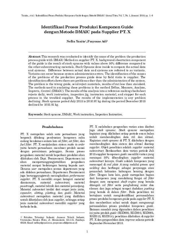 (PDF) Identifikasi Proses Produksi Komponen Guide dengan Metode DMAIC pada Supplier PT. X