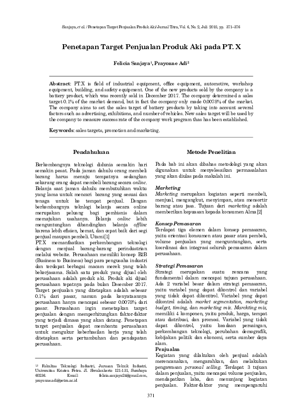(PDF) Penetapan Target Penjualan Produk Aki pada PT. X
