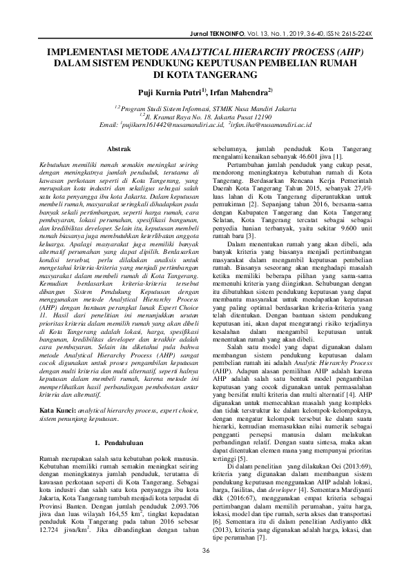 Pdf Implementasi Metode Analytical Hierarchy Process Dan Weighted Sum Model Pada Sistem