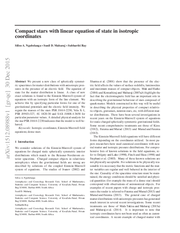 (PDF) Compact stars with linear equation of state in isotropic coordinates