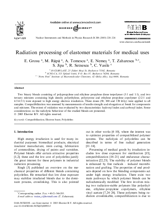 (PDF) Radiation processing of elastomer materials for medical uses