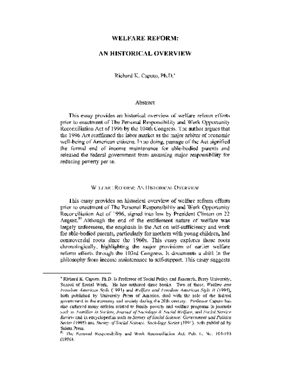 (PDF) Welfare Reform: An Historical Overview