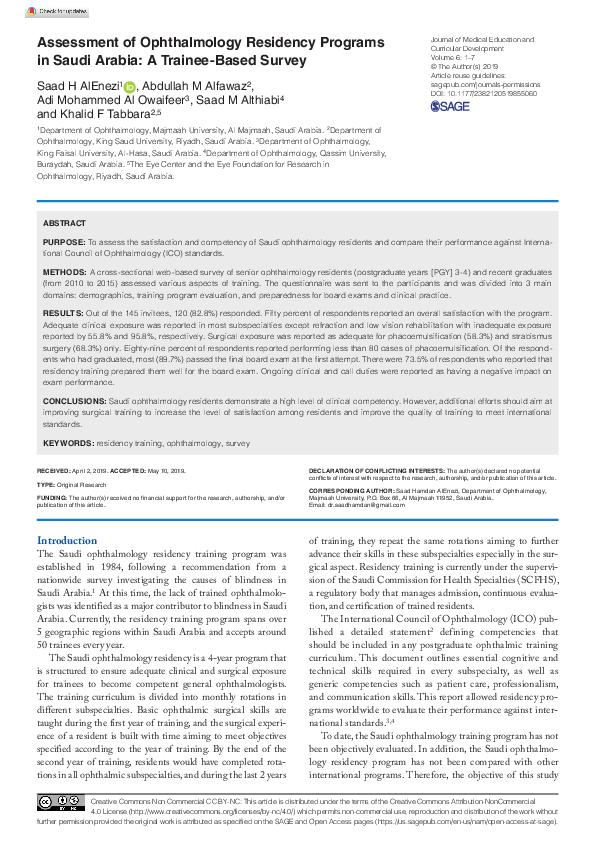 (PDF) Assessment of Ophthalmology Residency Programs in Saudi Arabia: A Trainee-Based Survey