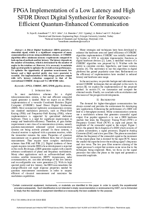 (PDF) Low Latency Direct Digital Synthesizer for Quantum Communication