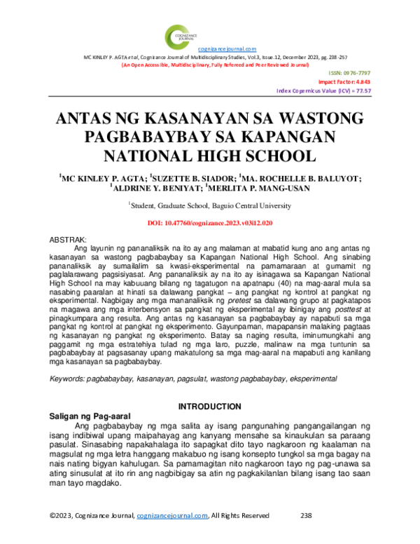 (PDF) ANTAS NG KASANAYAN SA WASTONG PAGBABAYBAY SA KAPANGAN NATIONAL HIGH SCHOOL
