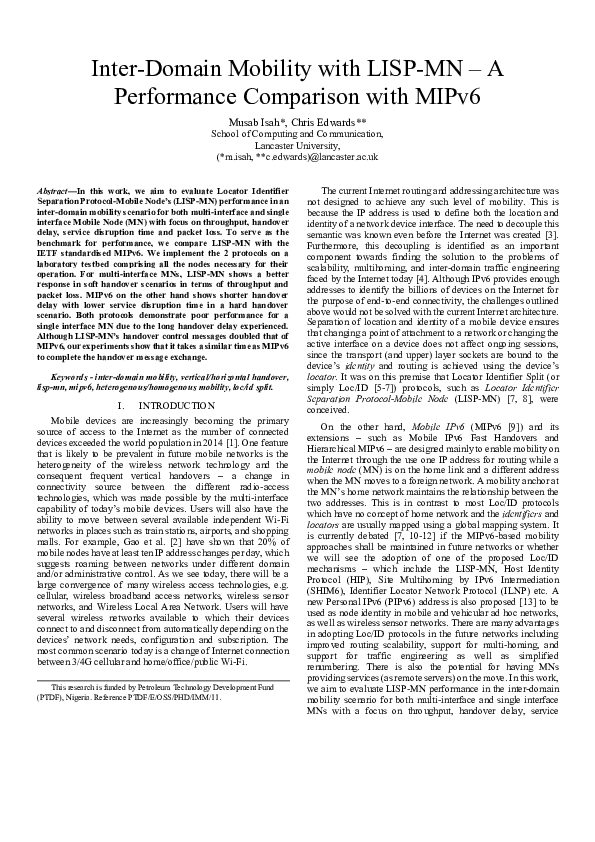 (PDF) Inter-domain Mobility with LISP-MN -- A Performance Comparison with MIPv6