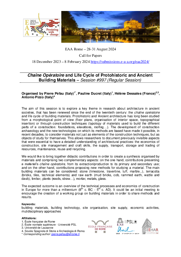 (PDF) Call for papers EAA2024 Roma - Chaîne Opératoire and Life Cycle of Protohistoric and ...