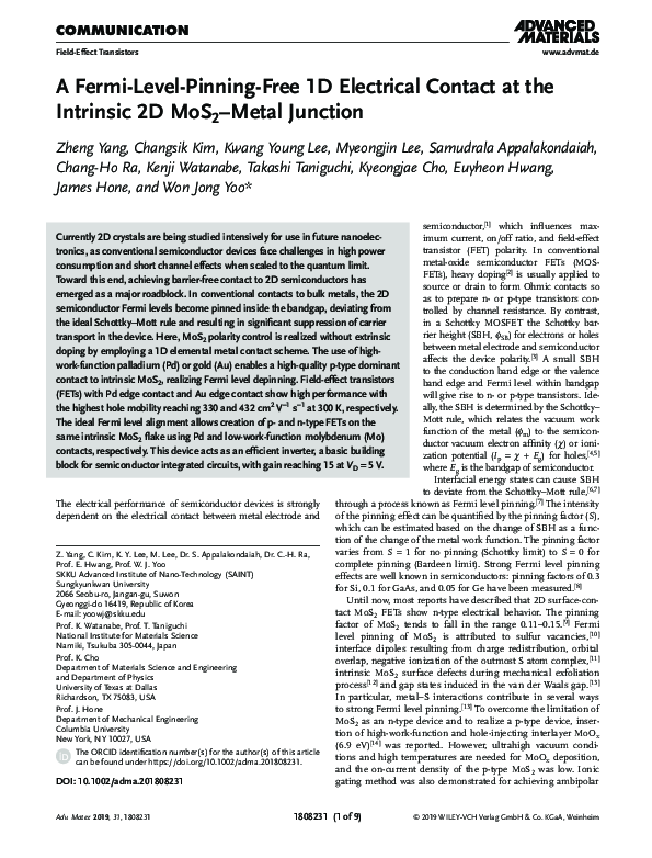 (PDF) A Fermi‐Level‐Pinning‐Free 1D Electrical Contact at the Intrinsic ...