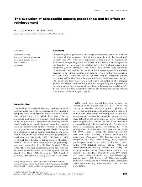 (PDF) The evolution of conspecific gamete precedence and its effect on ...