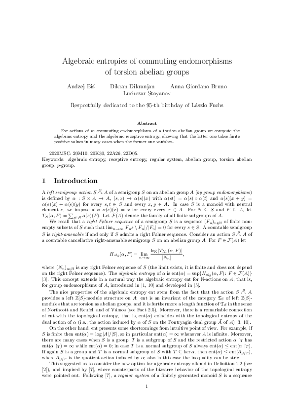 (PDF) Algebraic entropies of commuting endomorphisms of torsion abelian groups | Andrzej Bis ...