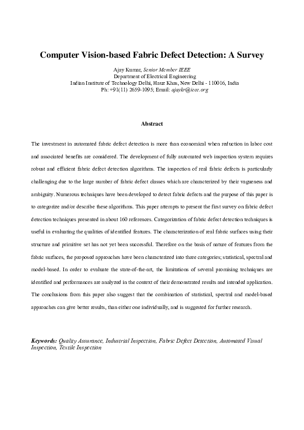 (PDF) Computer-Vision-Based Fabric Defect Detection: A Survey