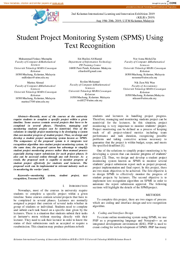 (PDF) Student project monitoring system (SPMS) usingtext recognition / Muhammad Firdaus Mustapha ...