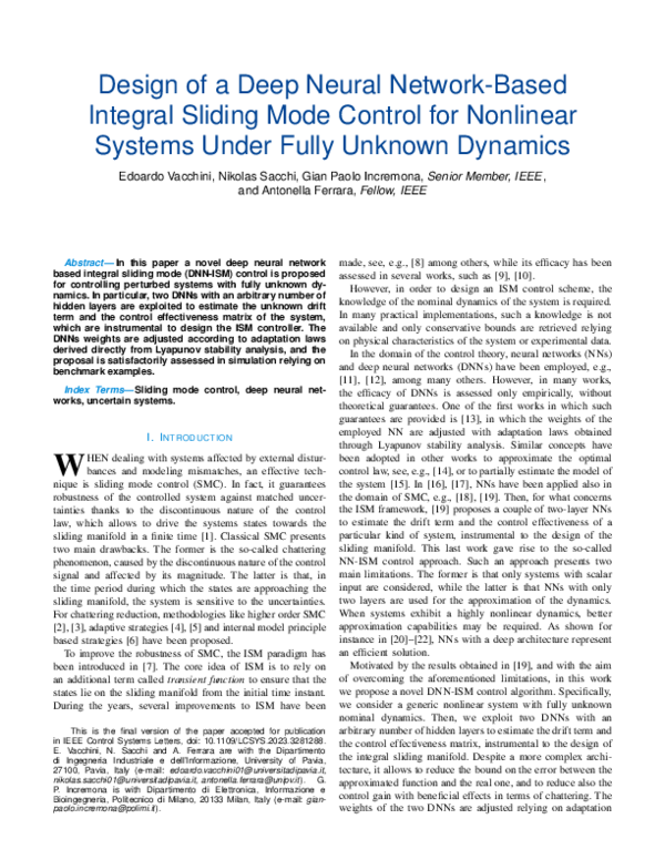 (PDF) Design of a Deep Neural Network-Based Integral Sliding Mode Control for Nonlinear Systems ...