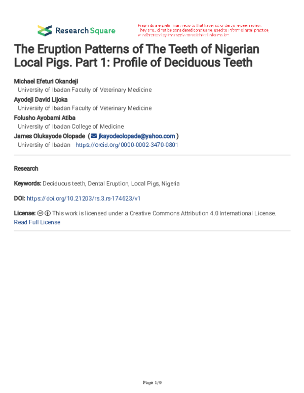 (PDF) The Eruption Patterns of The Teeth of Nigerian Local Pigs. Part 1 ...