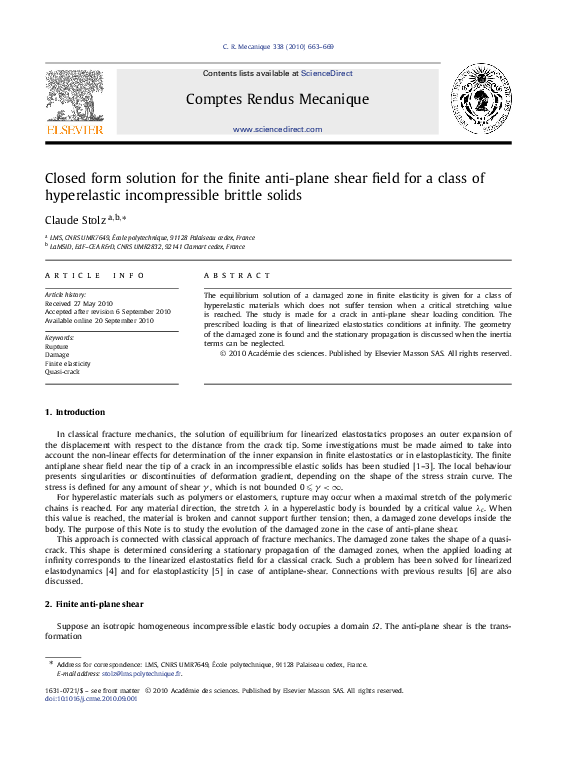(PDF) Closed form solution for finite anti-plane shear field for a ...