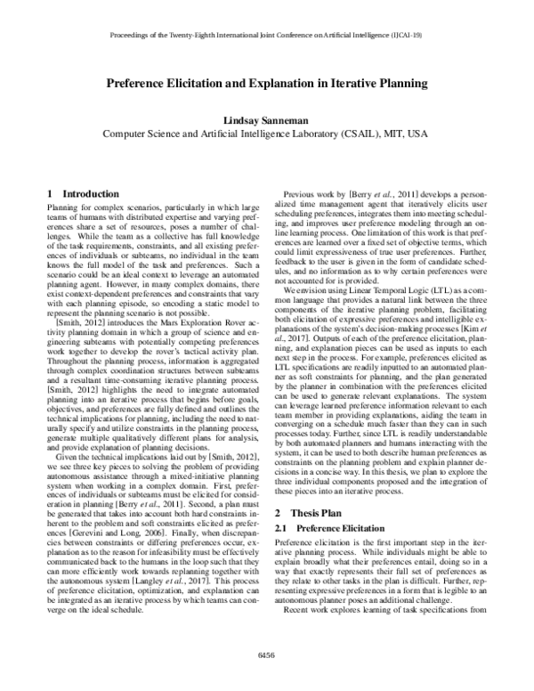 (PDF) Preference Elicitation and Explanation in Iterative Planning | Lindsay Sanneman - Academia.edu